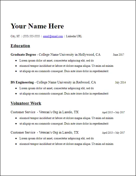 Education Based Grad School No Experience Resume Template